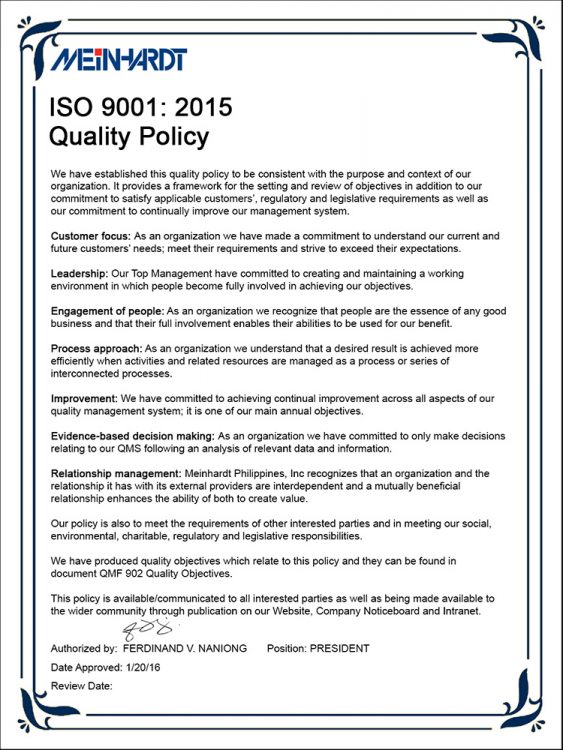Meinhardt Philippines Quality Management System is now certified to ISO ...
